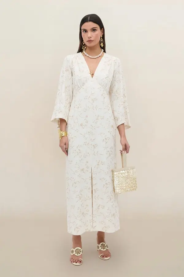 Rixo Dahlia Botanical Embroidery Pearl Dress - Ivory