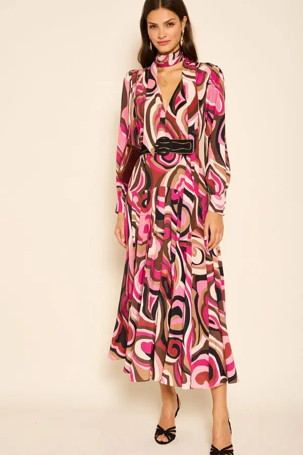 Rixo Marble Print Silk Midi Dress