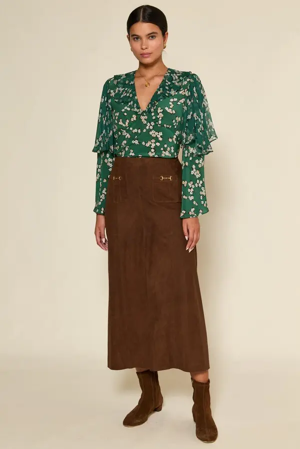 Rixo Edwina Suede Midi Skirt Regular - Brown