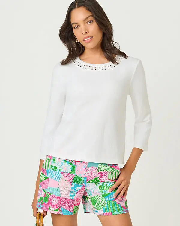 LILLY PULITZER Clairmont 3/4 Sleeve Lace Trimmed Knit Top - Resort White