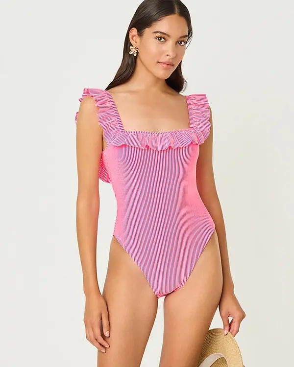 LILLY PULITZER Aemma Ruffle One-piece Swimsuit - Cherry Blossom Pink Seersucker Stripe