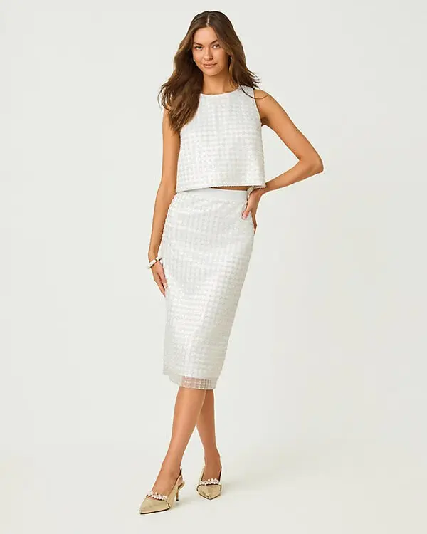 LILLY PULITZER Cordae Midi Skirt - Iridescent Metallic Pearl Grid Mesh