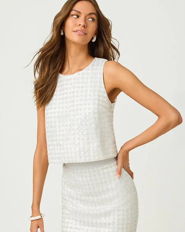 LILLY PULITZER Lathan Sleeveless Cropped Top - Iridescent Metallic Pearl Grid Mesh