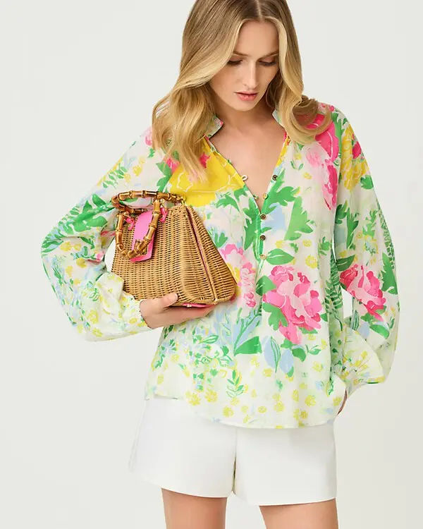 LILLY PULITZER Renisha Long Sleeve Top - Multi Poppy Party Engineered Woven Top