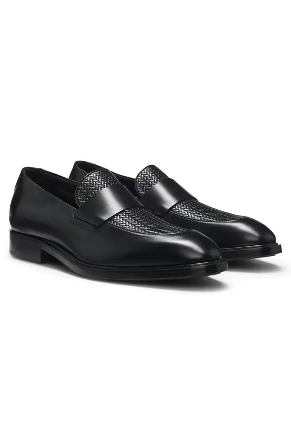 BOSS Leather Loafers With Woven Vamp
