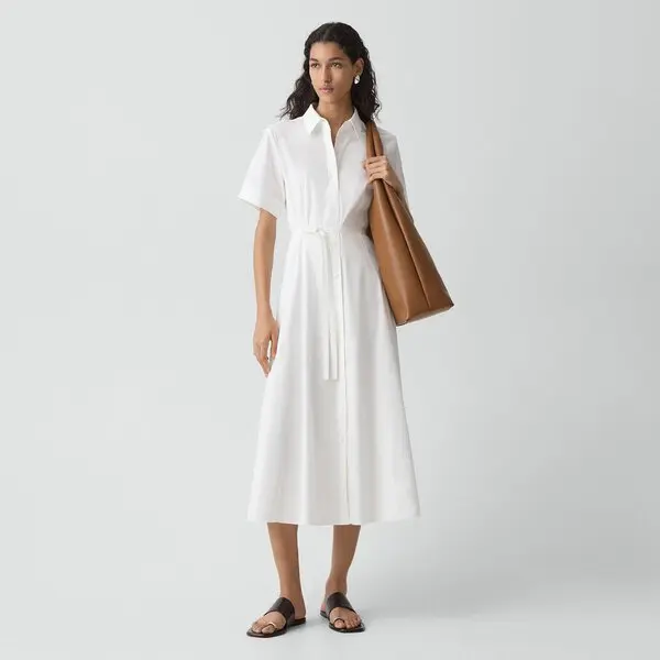 Theory Belted Shirt Dress In Good Poplin - White
