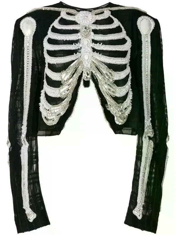 Thom Browne Reverse Opening Cardigan Jacket In Crystal Skeleton Embroidery - Black
