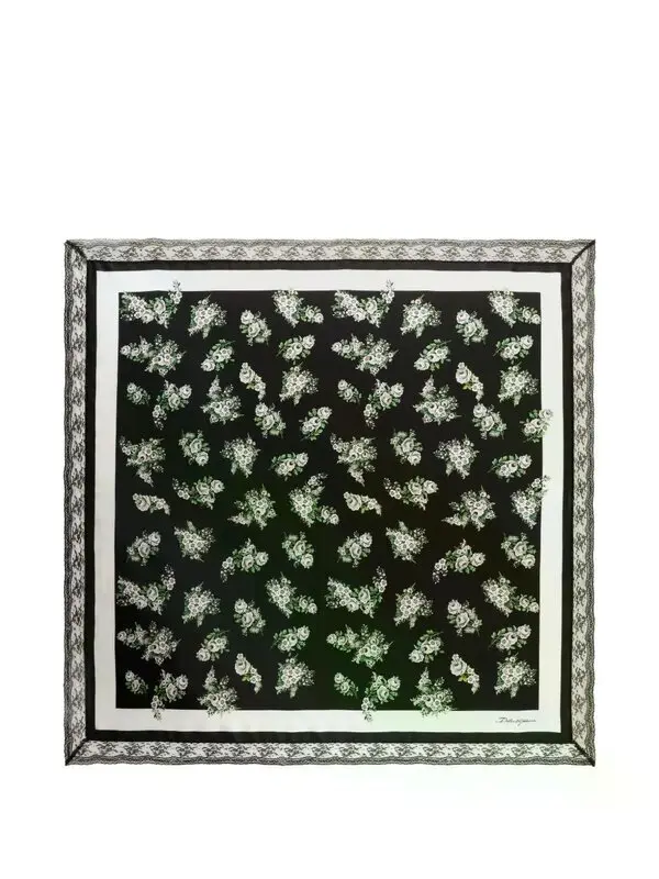 Dolce & Gabbana 90x90 Small Flower Bouquet-print Silk Twill Scarf With Lace Insert - Black