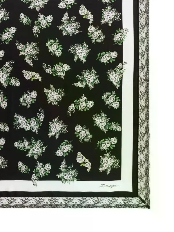Dolce & Gabbana 90x90 Small Flower Bouquet-print Silk Twill Scarf With Lace Insert - Black