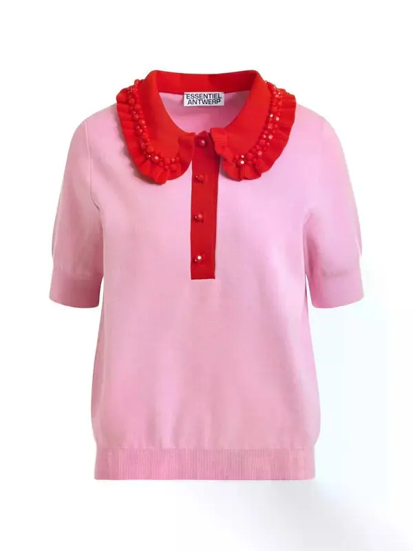 Essentiel Antwerp Beaded-embellished Ruffled-trim Polo Top - Pink