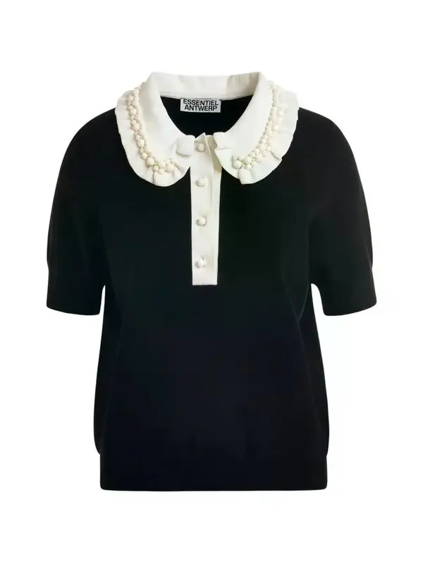 Essentiel Antwerp Jewelry Ruffled Beaded Polo Shirt - Black