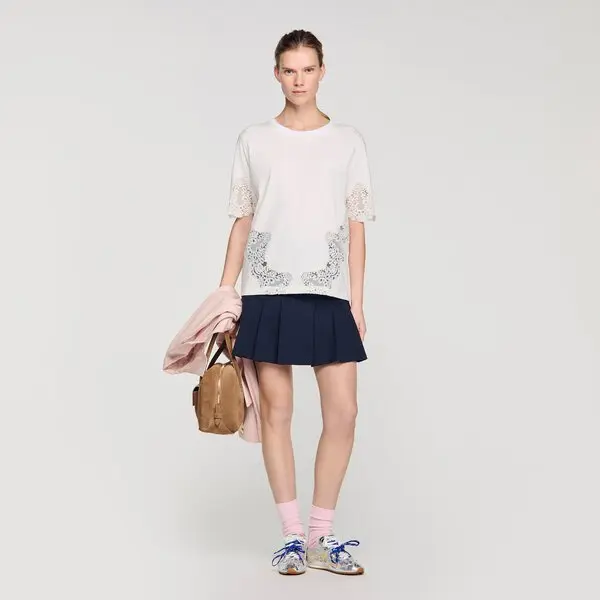 Sandro Cotton T-shirt With Lace Detail - Ecru
