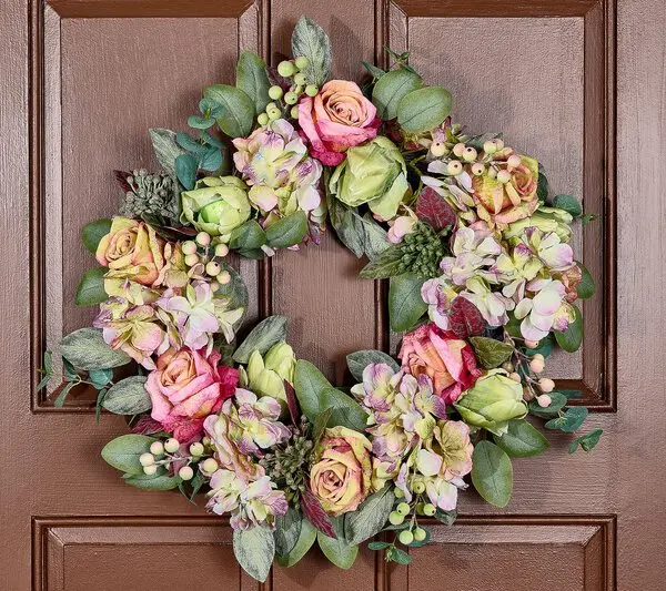 VALERIE PARR HILL 24' Watercolor Rose, Hydrangea, And Artichoke Wreath - One-color