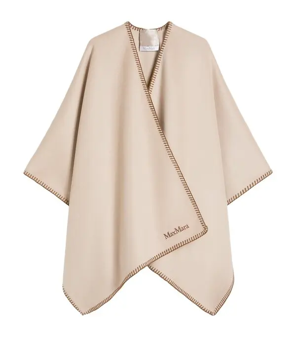 Max Mara Virgin Wool Logo Cape And Belt - Beige