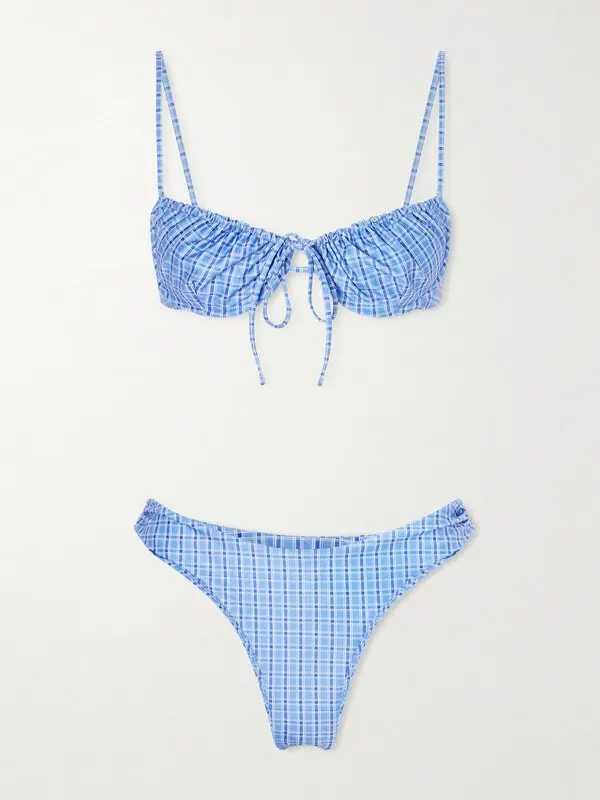 Faithfull The Brand Ombra And Leone Ruched Checked Bikini - Blue