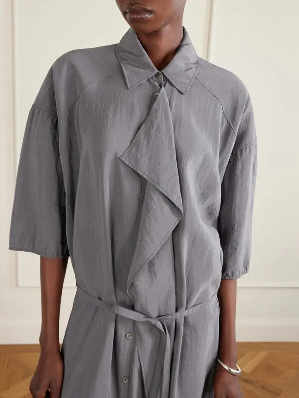 LEMAIRE Belted Silk-blend Satin Shirt Dress - Gray