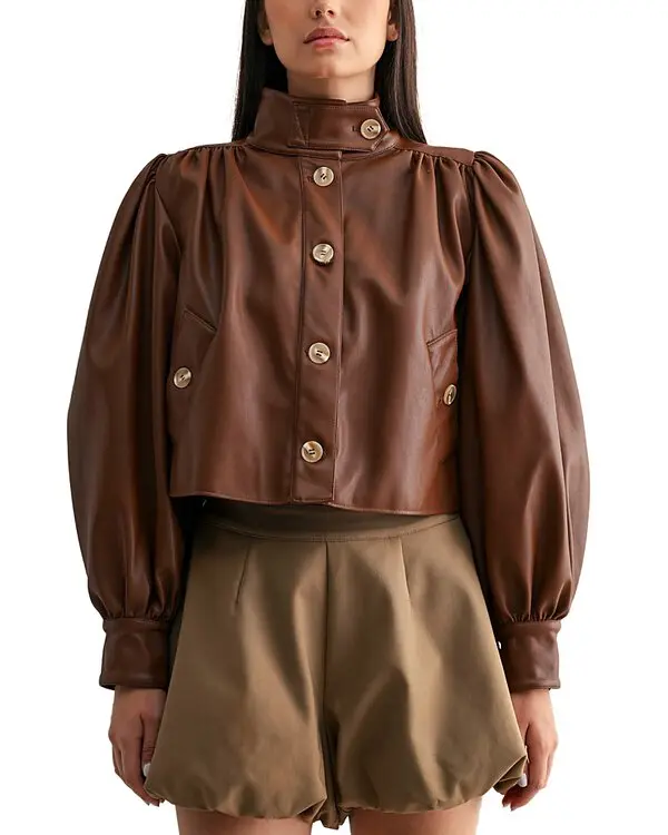 LUVEE Mable Faux Leather Puff Sleeve Jacket - Brown