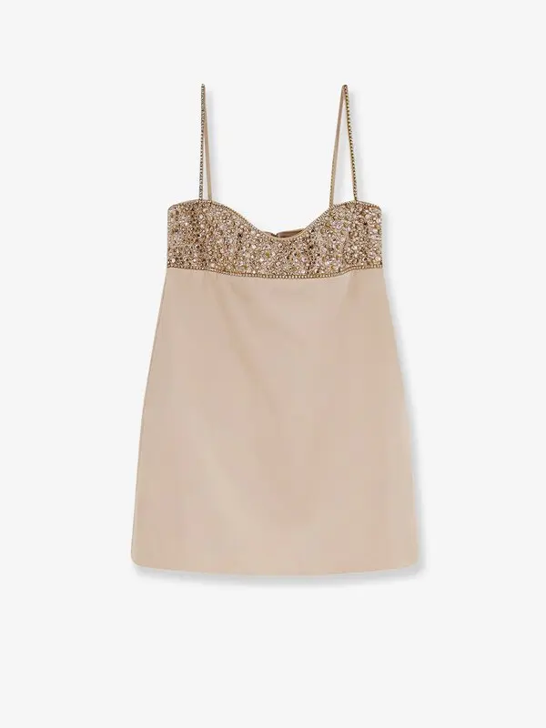 Retrofete Shyla Rhinestone Detail Satin Dress - Beige