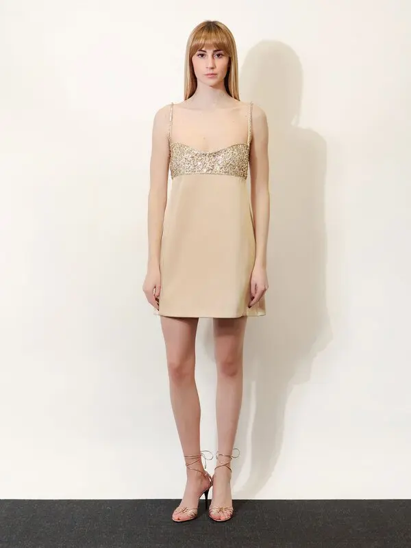Retrofete Shyla Rhinestone Detail Satin Dress - Beige