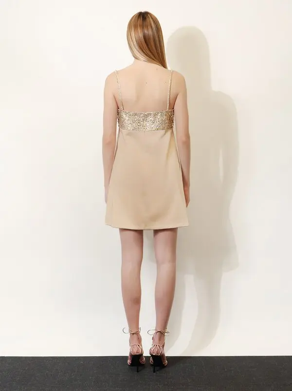 Retrofete Shyla Rhinestone Detail Satin Dress - Beige