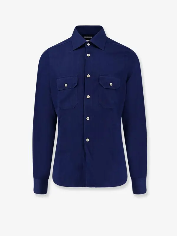 Kiton Cotton Shirt With Stitched Profiles - Blue
