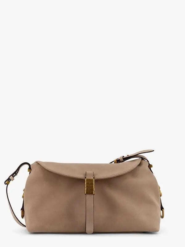Pinko Suede Crossbody Bag With Metal Detail With Engraved Logo - Beige