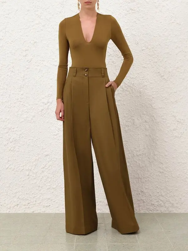 Zimmermann Dark Khaki Luna Tailored Wide-leg Trousers - Brown