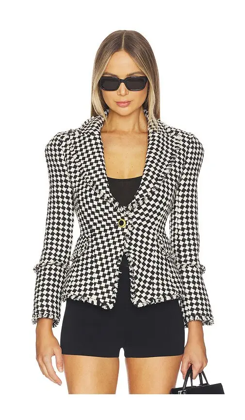 L'Agence Kaisley Blazer With Fray In Black,white - Black & Ivory Diamond Tweed