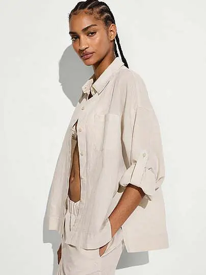 Victoria's Secret Swim Beachwear Linen Boxy Long-sleeve Shirt - Beige