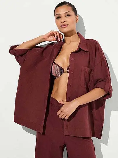 Victoria's Secret Linen Boxy Long-sleeve Shirt - Red