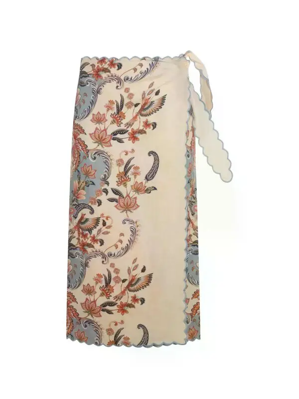 Farm Rio Floral Print Skirt With Scalloped Edge - Neutrals