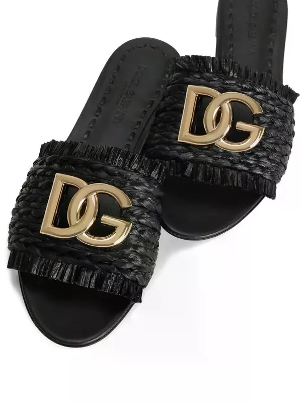 Dolce & Gabbana Braided Raffia Slides With Gold-tone Logo