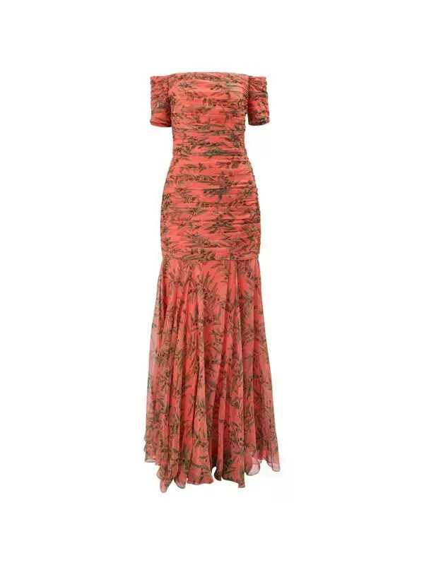 Carolina Herrera Olive Branch-print Ruched Gown