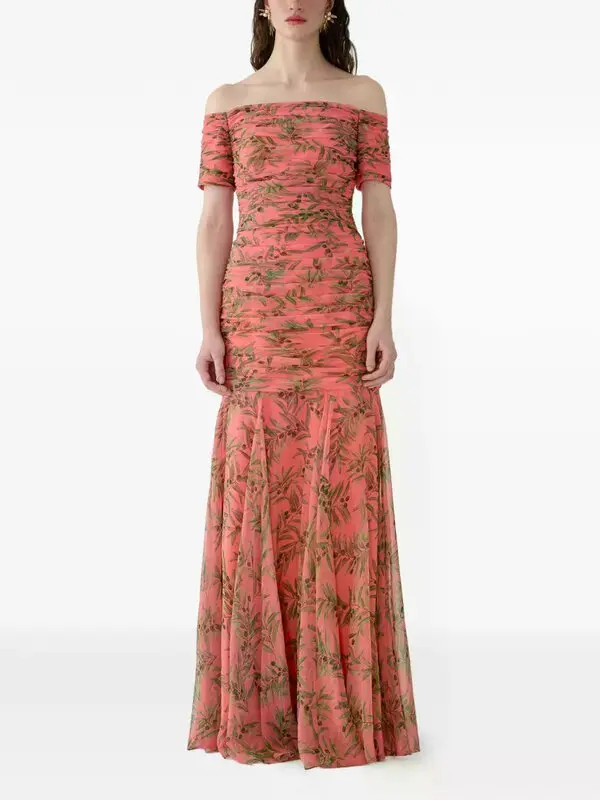 Carolina Herrera Olive Branch-print Ruched Gown
