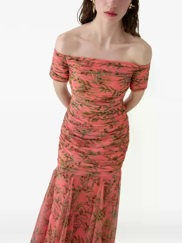 Carolina Herrera Olive Branch-print Ruched Gown
