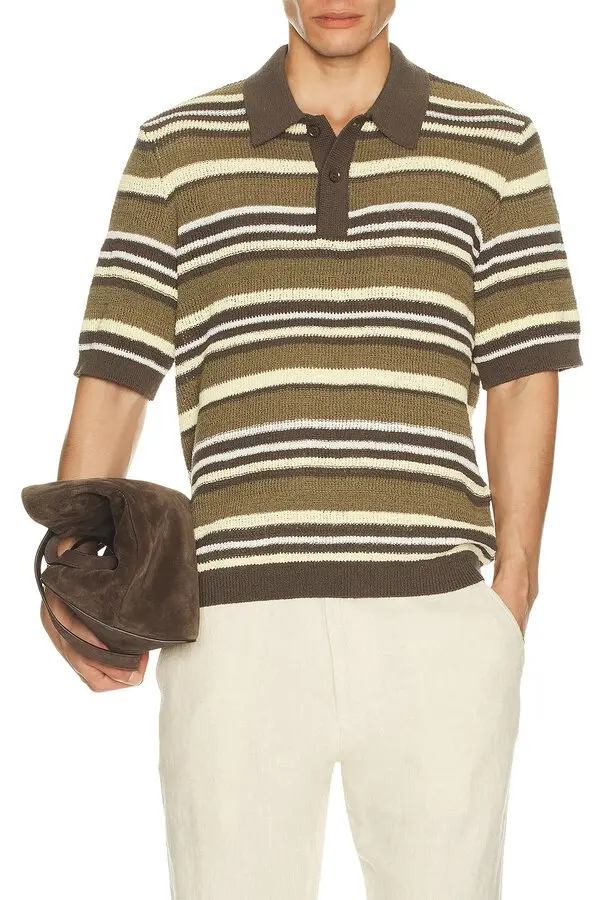 SAMSOE SAMSOE Samarco Short Sleeve Polo In Olive - Burnt Olive Stripe