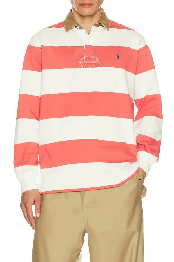 Polo Ralph Lauren Long Sleeve Collared Rugby Shirt In Red - Red Sky & Trophy Cream