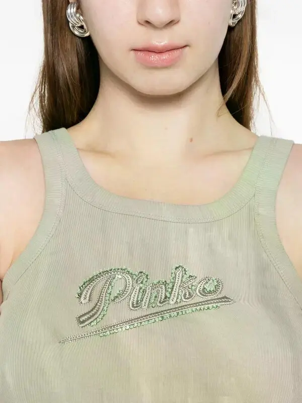 Pinko Ribbed Stretch Cotton Rhinestone Logo Tank Top
