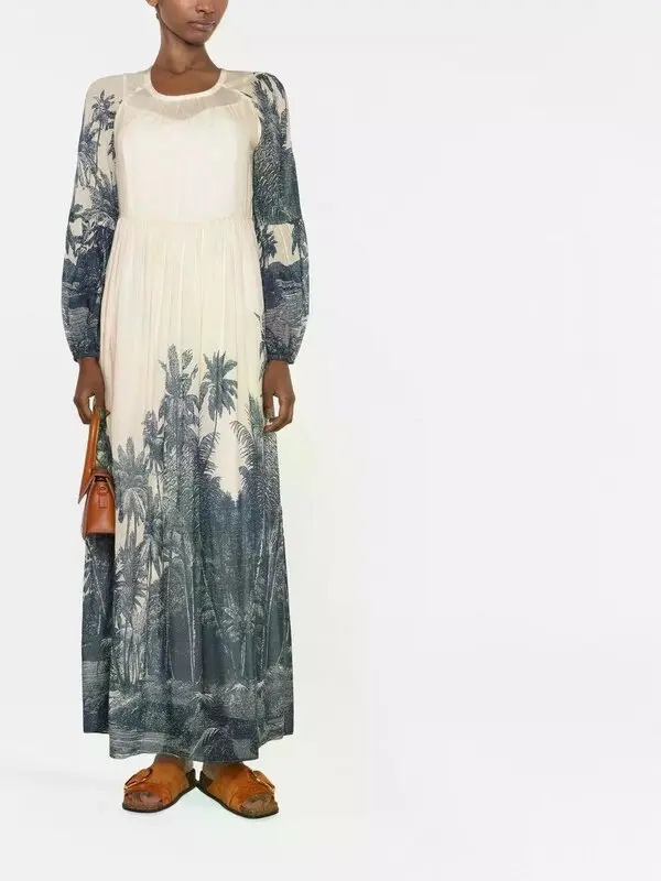 Max Mara Palm Tree-print Long Dress - Neutrals
