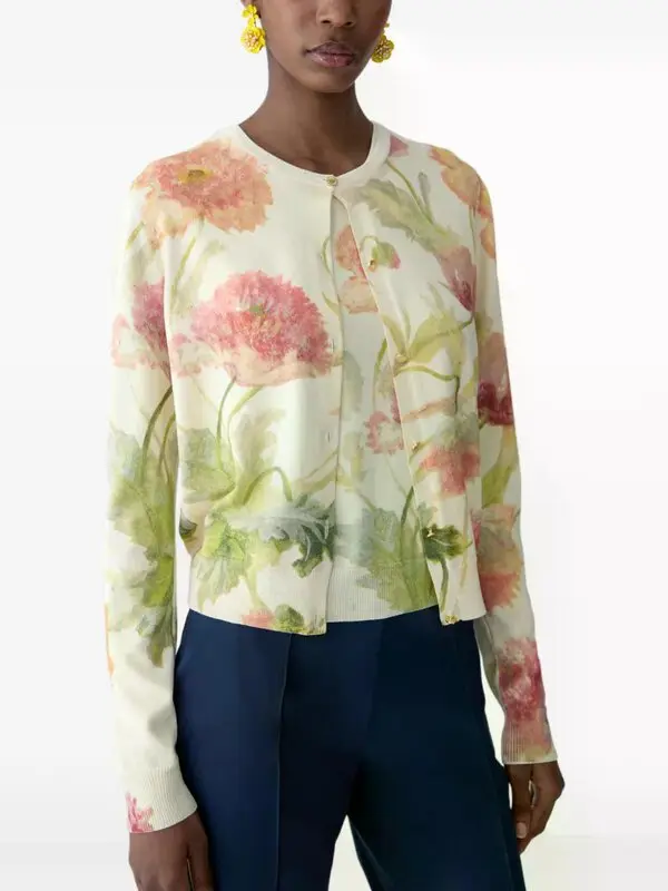 Carolina Herrera Poppy-print Silk-cotton Cardigan - Neutrals