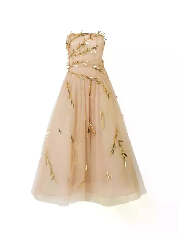 Carolina Herrera Embroidered Tulle Strapless Midi Dress - Neutrals