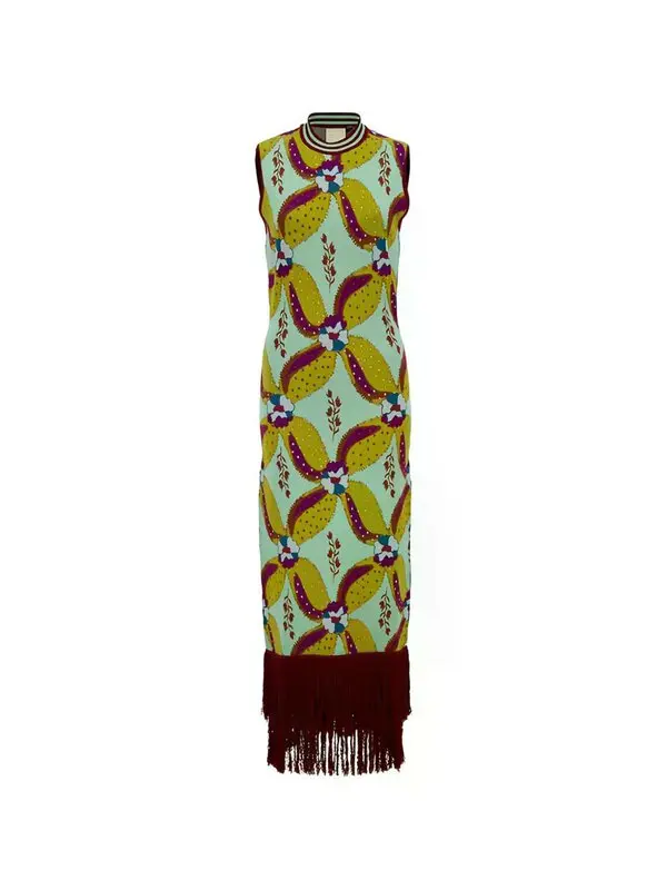 PAULA Jacquard Fringes Dress - Green