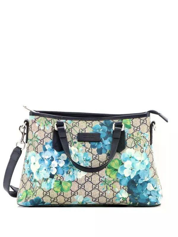 Gucci Convertible Zip Blooms Print Gg Coated Canvas Medium Tote Bag - Blue