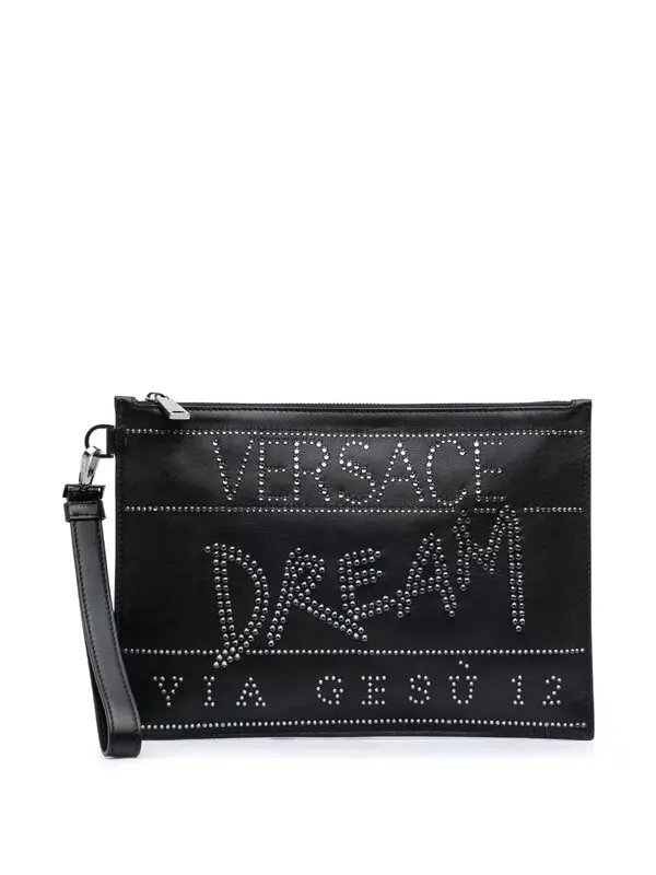 Versace 2010-2026 Crystal Embellished Leather Clutch Bag - Black