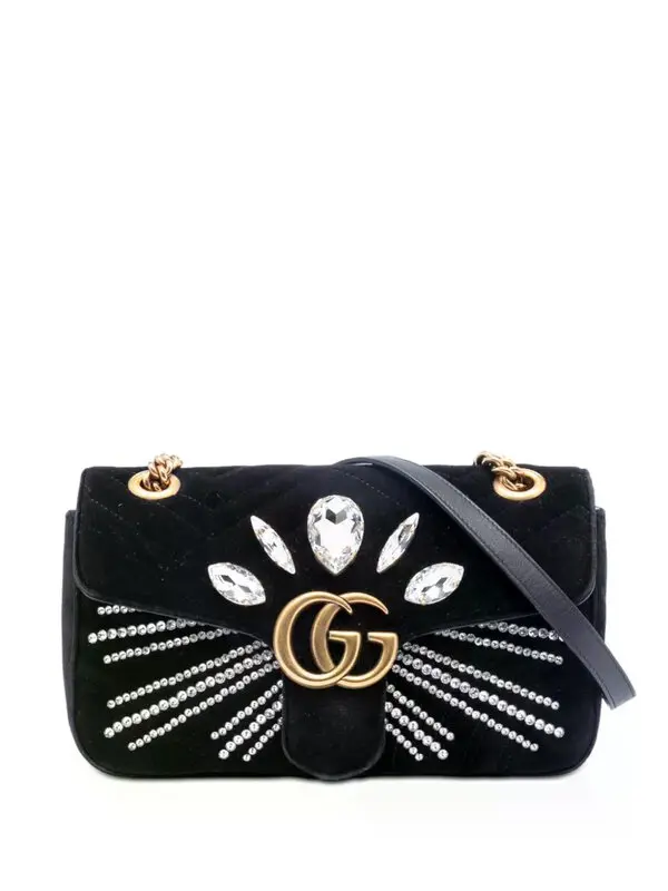 Gucci 2016-2025 Medium Gg Marmont Matelasse Velvet Crystal Embellished Shoulder Bag - Black