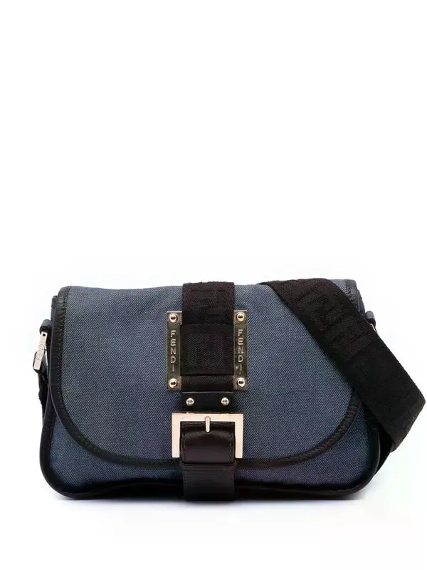 Fendi 2000-2010 Zucca Trimmed Denim Buckle Flap Crossbody Bag - Blue