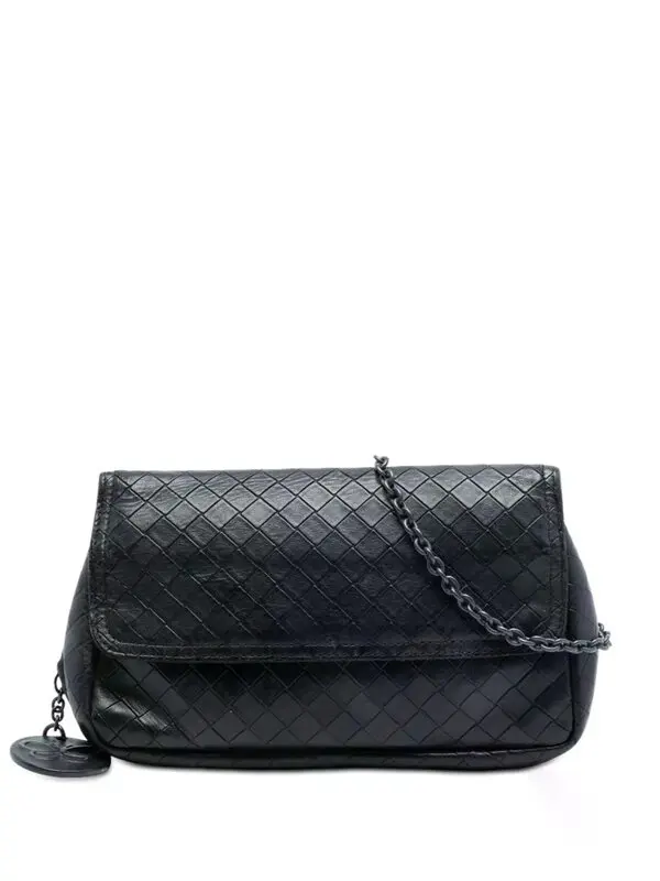 Bottega Veneta 2012-2025 Small Calfskin Intrecciomirage Chain Flap Crossbody Bag - Black