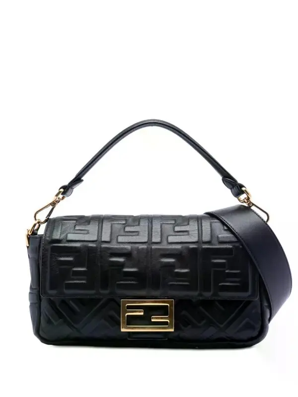 Fendi 2010-2025 Zucca Embossed Leather Baguette Satchel - Black