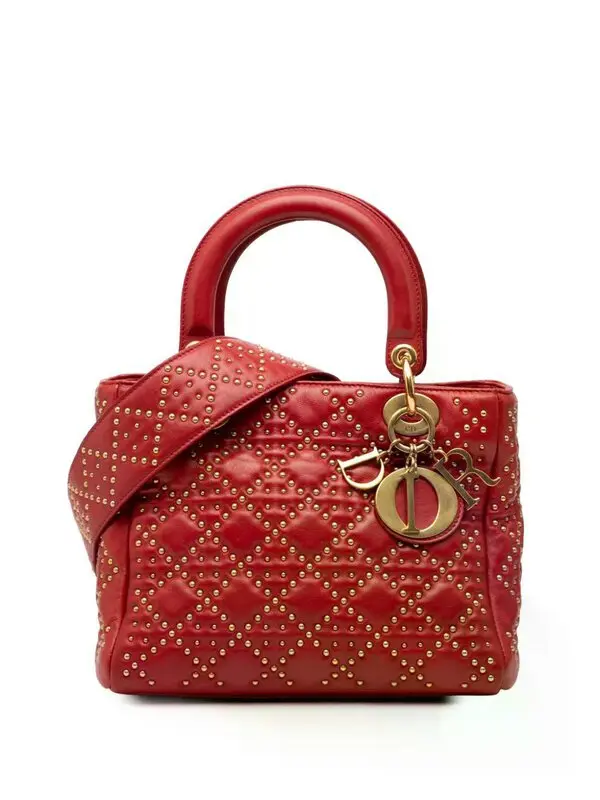 Dior 2017 Medium Lambskin Cannage Studded Supple Lady Satchel - Red