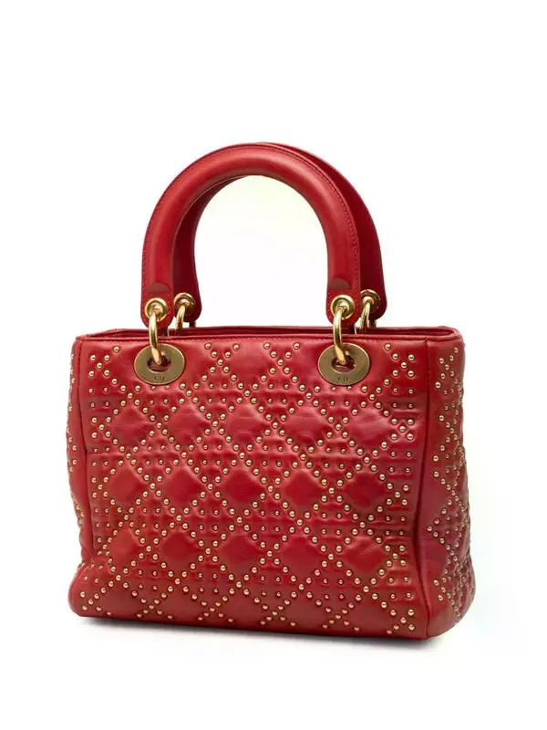 Dior 2017 Medium Lambskin Studded Lady Satchel - Red